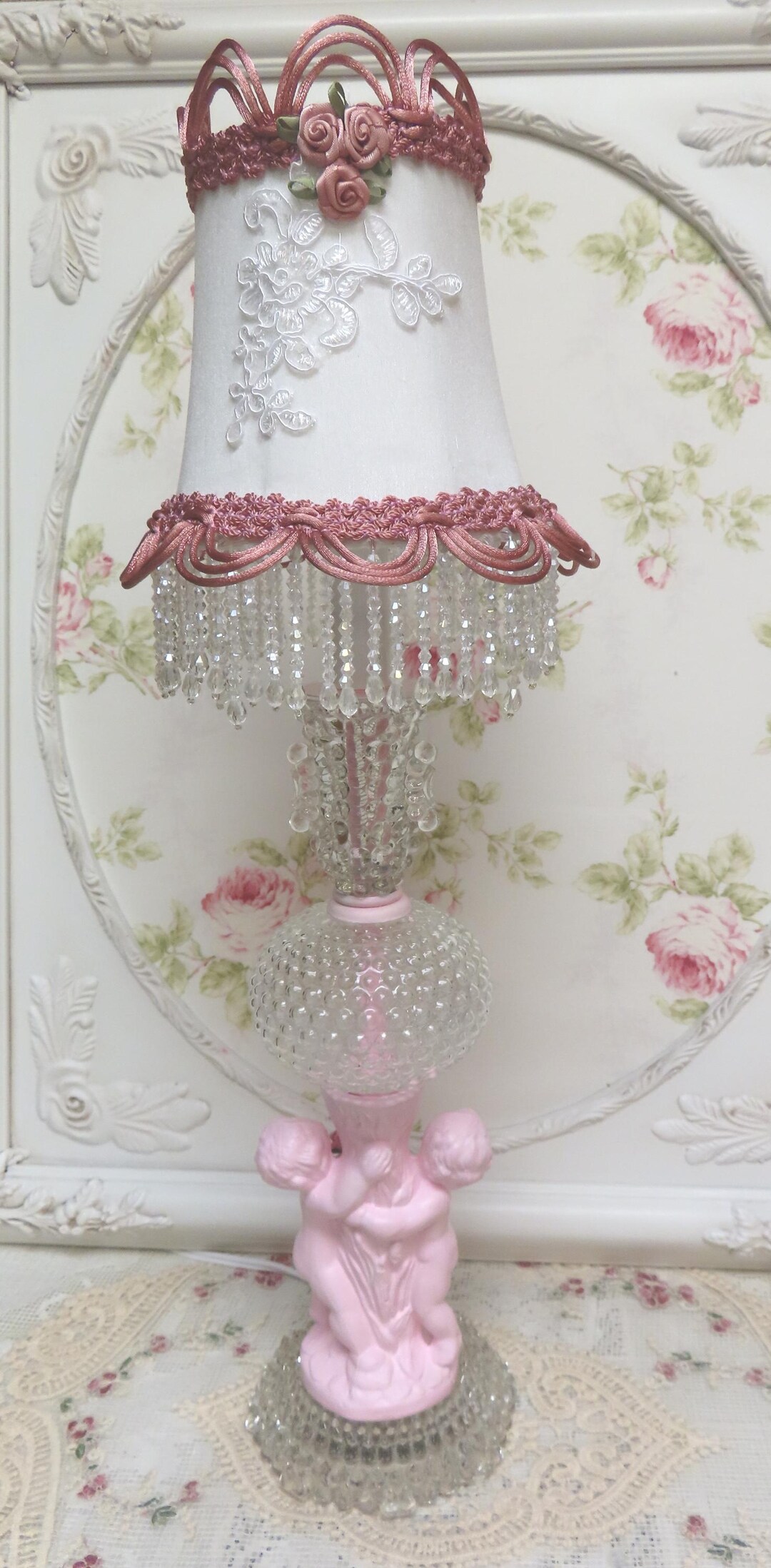 Pink Cherub Lamp, Glass Lamp, Pink Rose Lamp, Cherub and Glass Lamp - Etsy