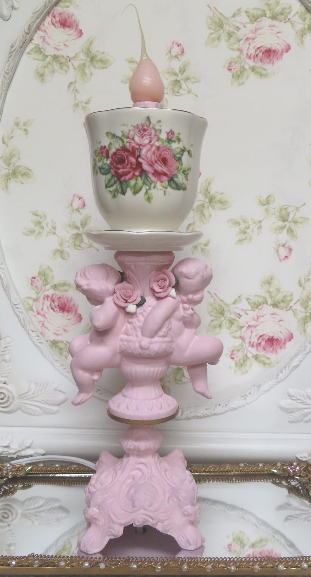 Vintage Cherub Light, Pink Cherub Light, Rose Candle Light, Pink Roses ...
