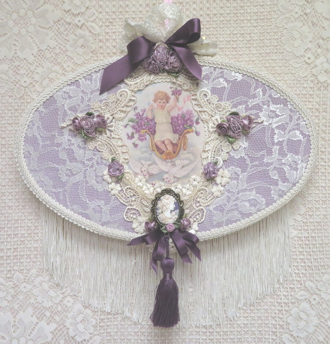 Lavender Wall Hanging, Victorian Wall Hanging, Cherub Hanging, Fringe ...