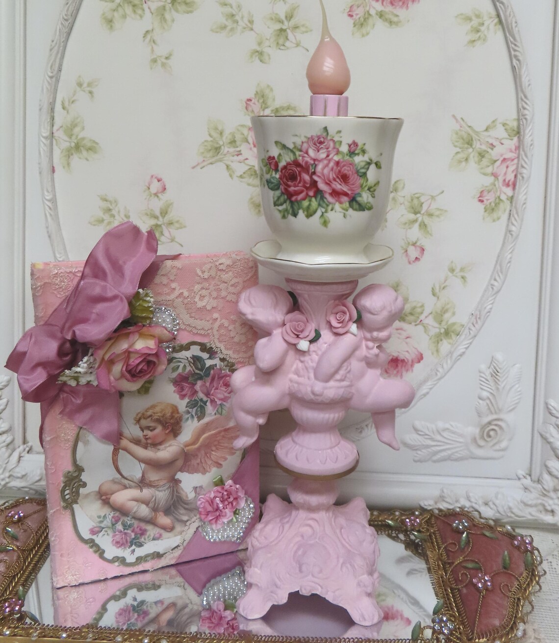 Vintage Cherub Light, Pink Cherub Light, Rose Candle Light, Pink Roses ...