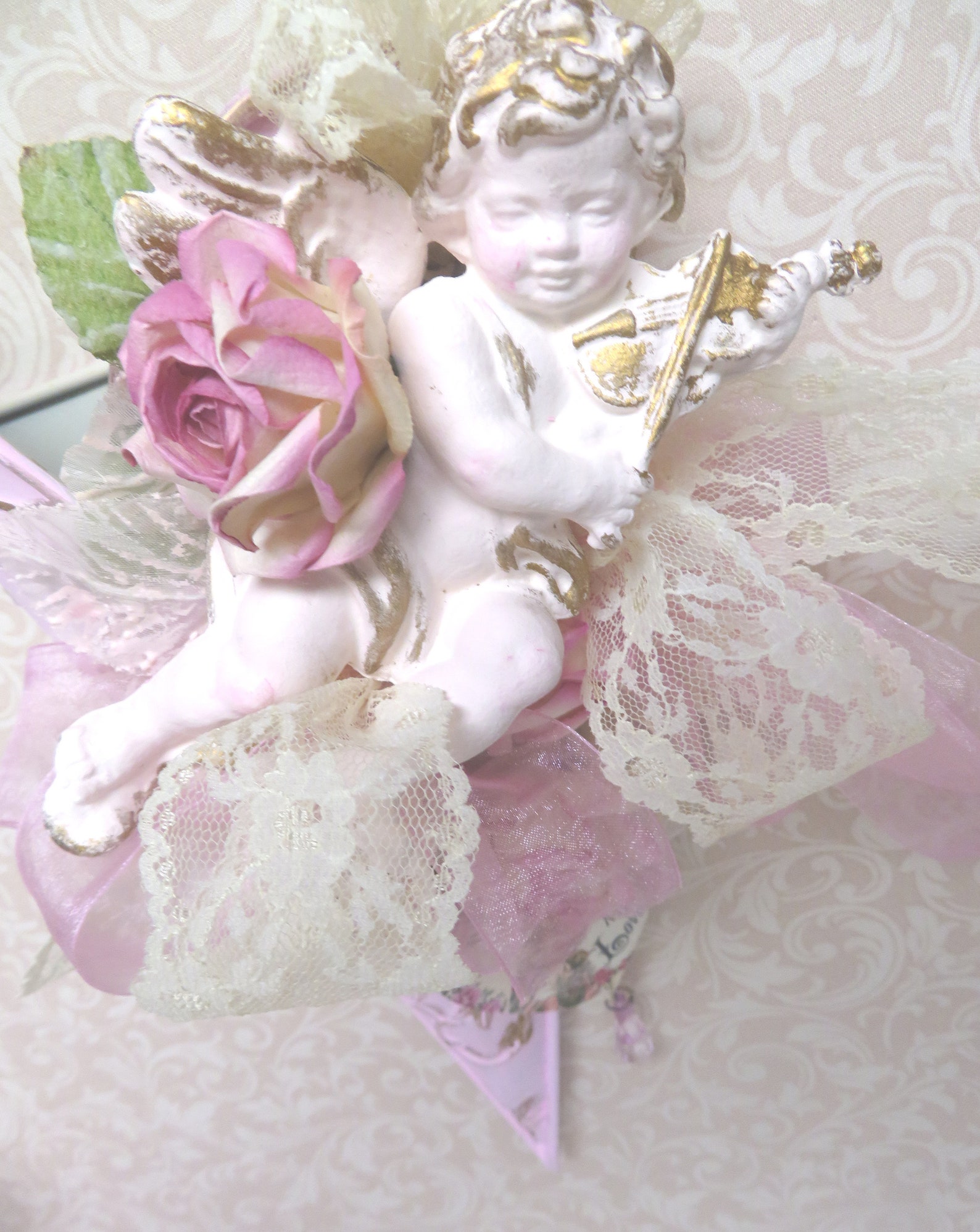 Pink Cherub Wall Pocket, Violin Cherub Wall Pocket, Pink Wall Pocket ...