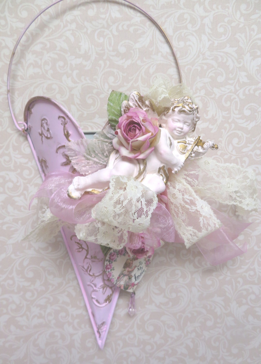 Pink Cherub Wall Pocket, Violin Cherub Wall Pocket, Pink Wall Pocket ...