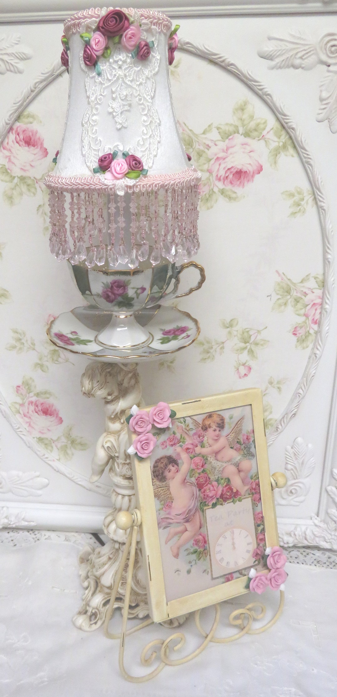 Rose Cup Cherub, Cherub Lamp, Tea Cup Lamp, Beaded Lamp Shade, Cherub ...