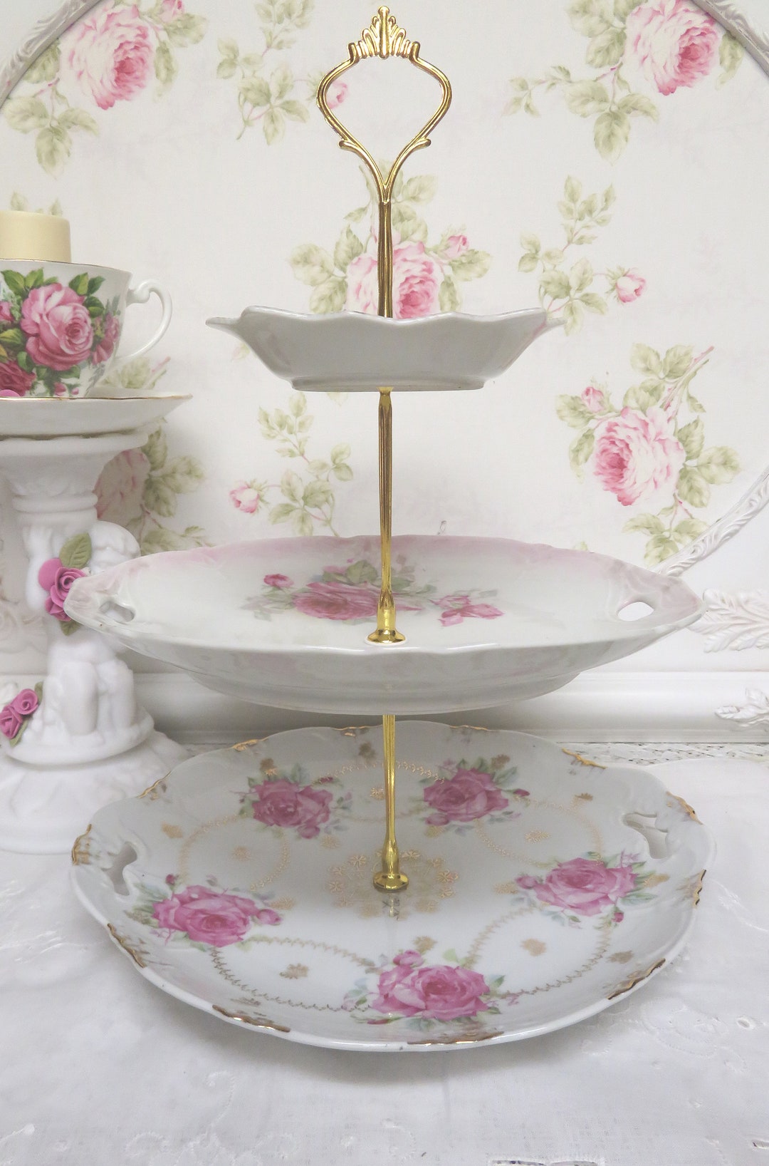 Deep Rose Tier Server, Rose Server. Vintage Rose Plates, Vintage Plates ...