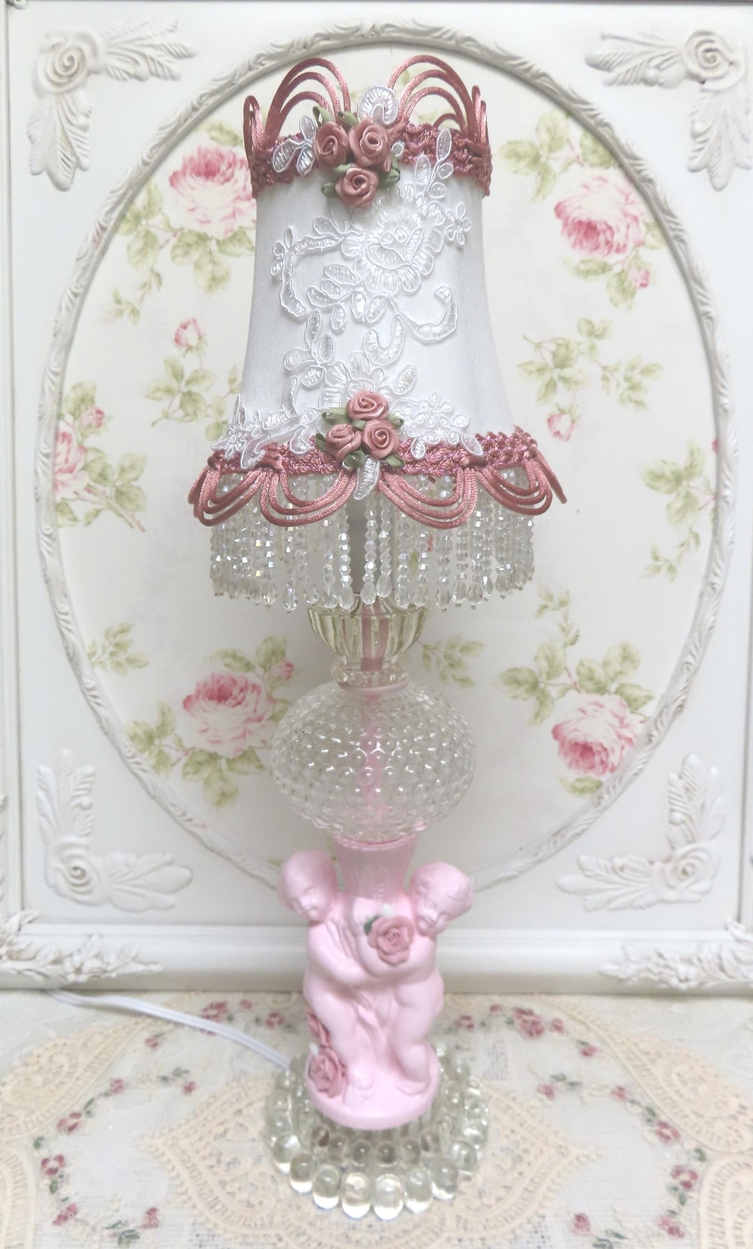 Pink Cherub Lamp, Glass and Cherub Lamp, Pink Rose Cherub Lamp, Vintage ...