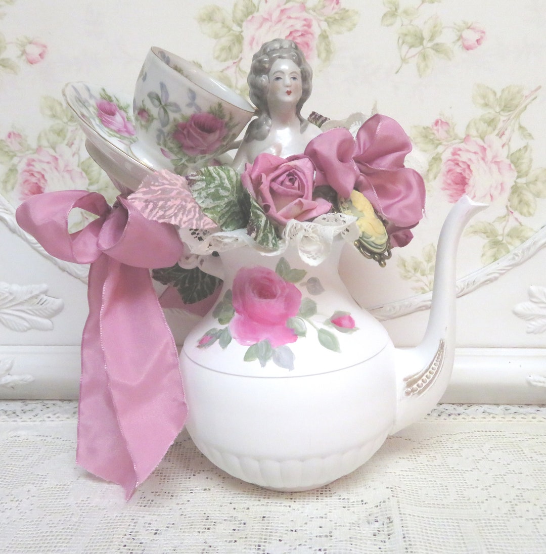 French Lady Tea Pot, Rose Tea Pot, Pink Rose Tea Pot, Vintage Lady Tea ...