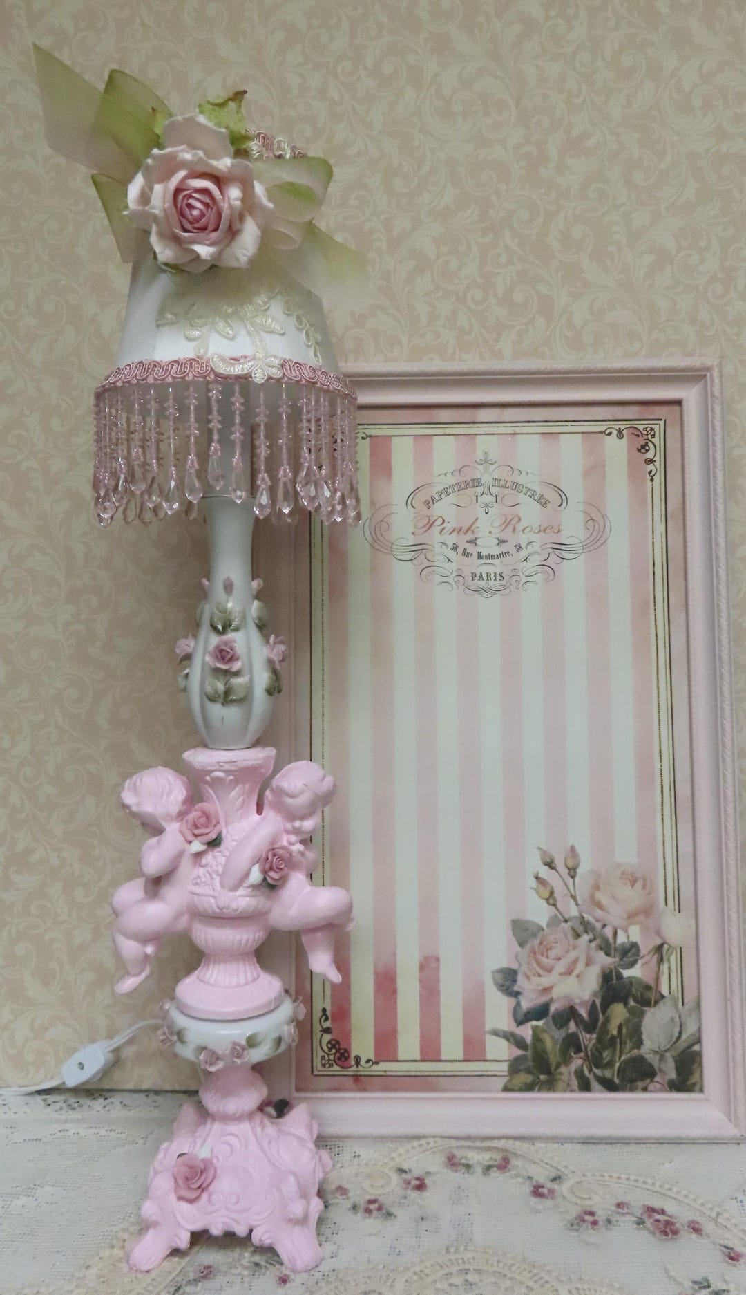 Rose Cherub Lamp, Pink Cherub Lamp, Porcelain Pink Rose Lamp, Double ...