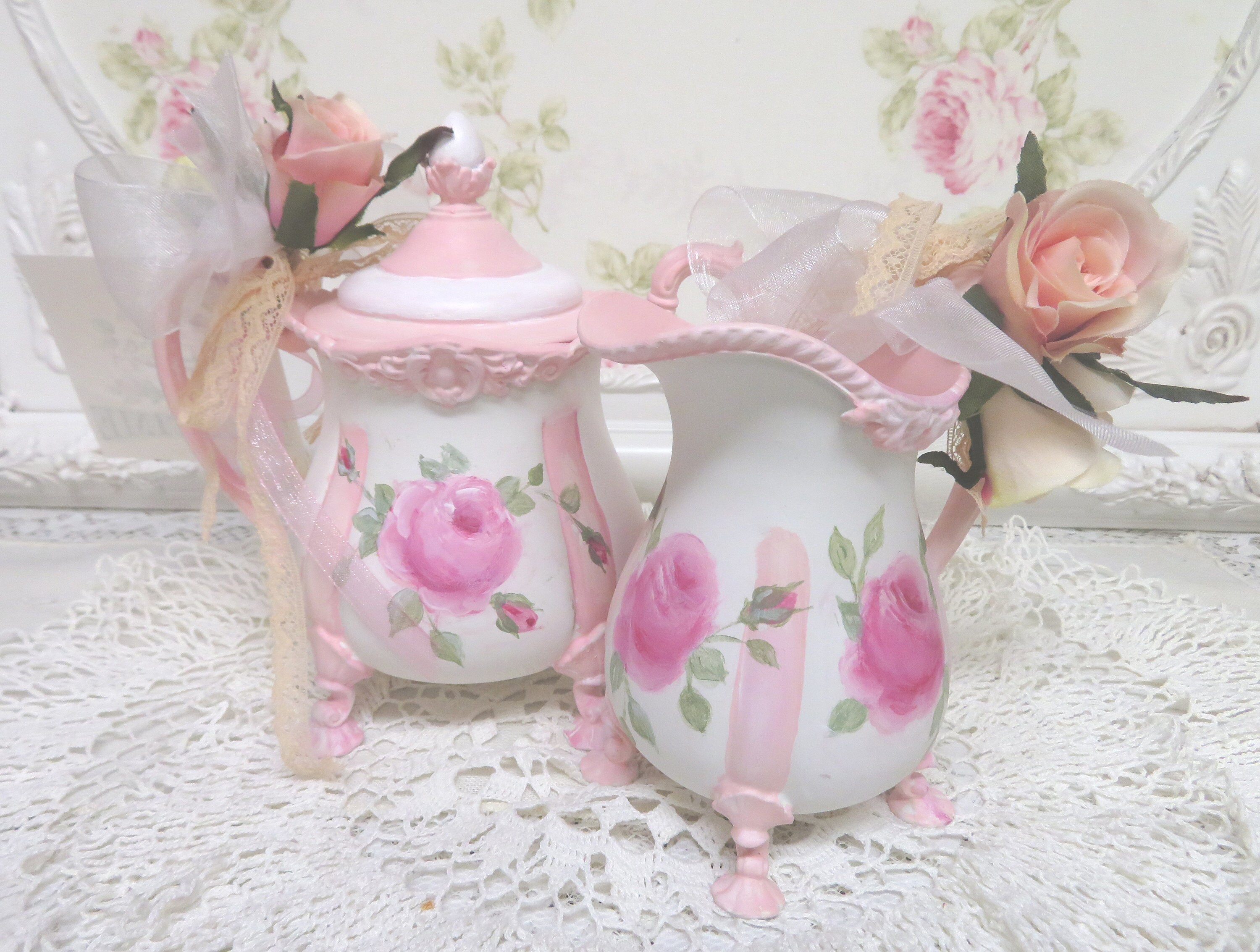 Rose Sugar Bowl and Creamer Pink and White Sugar Bowl and - Etsy
