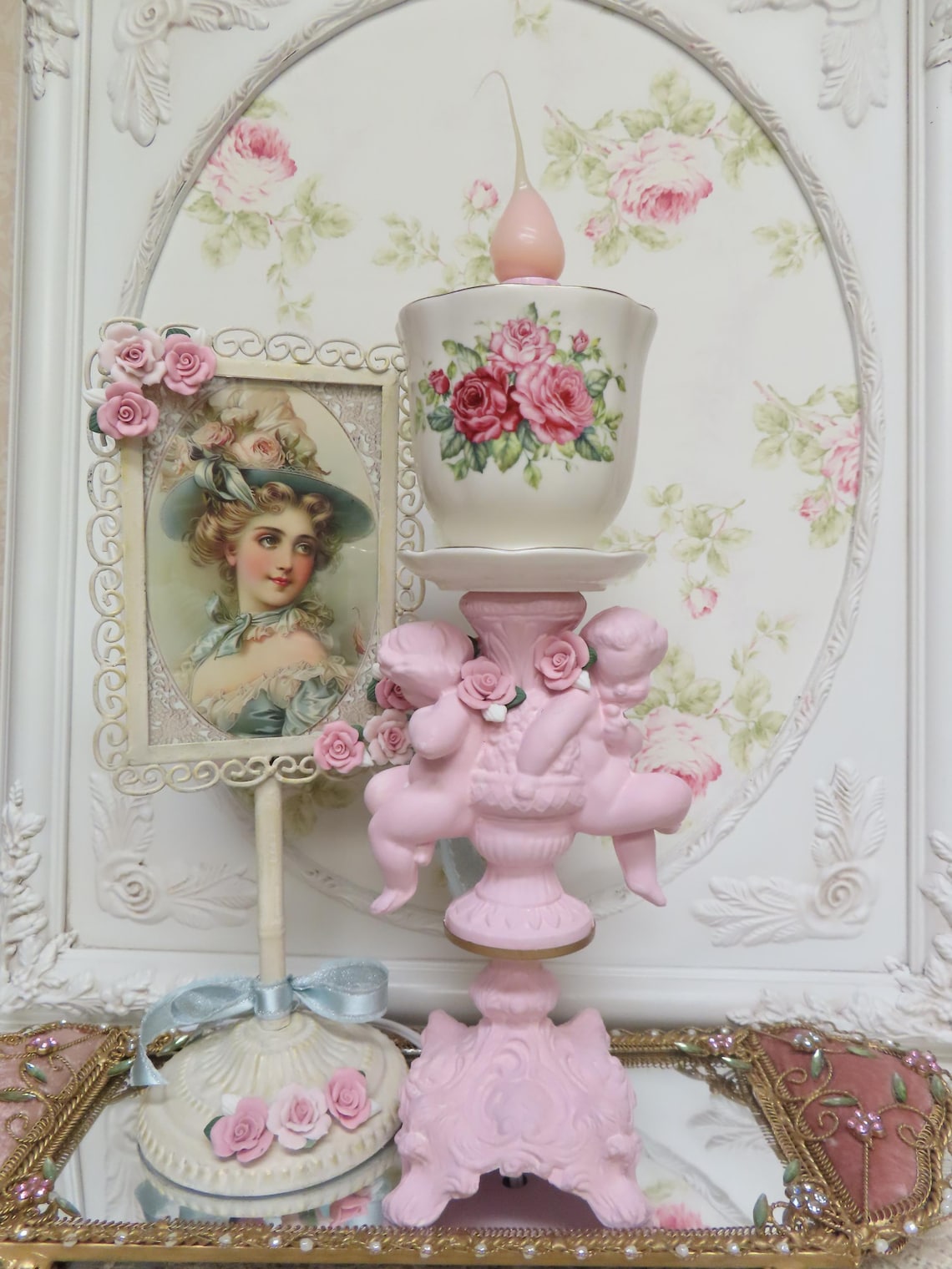 Vintage Cherub Light, Pink Cherub Light, Rose Candle Light, Pink Roses ...