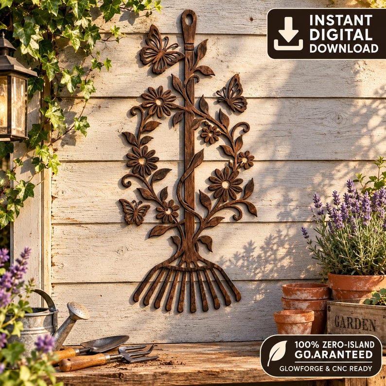 Garden Rake Wall Art SVG Laser Cut File | Butterfly Floral Shovel Decor ...