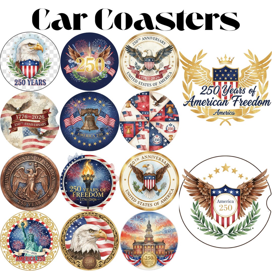 USA 250th Anniversary Car Coaster PNG Bundle, Patriotic Coaster Designs ...