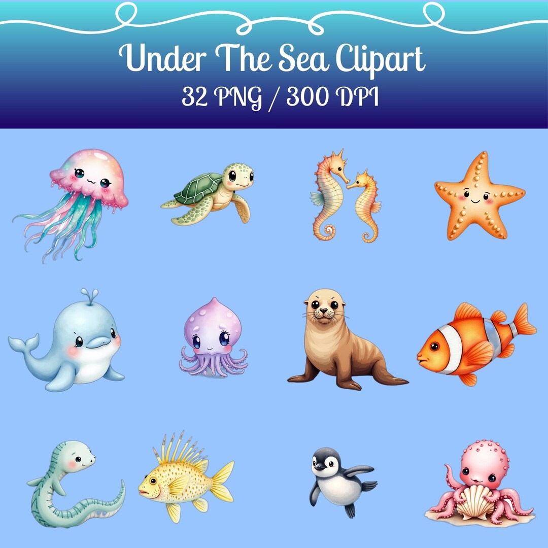 Under the Sea Clipart PNG, Ocean Animals Watercolor Bundle, Cute Marine ...