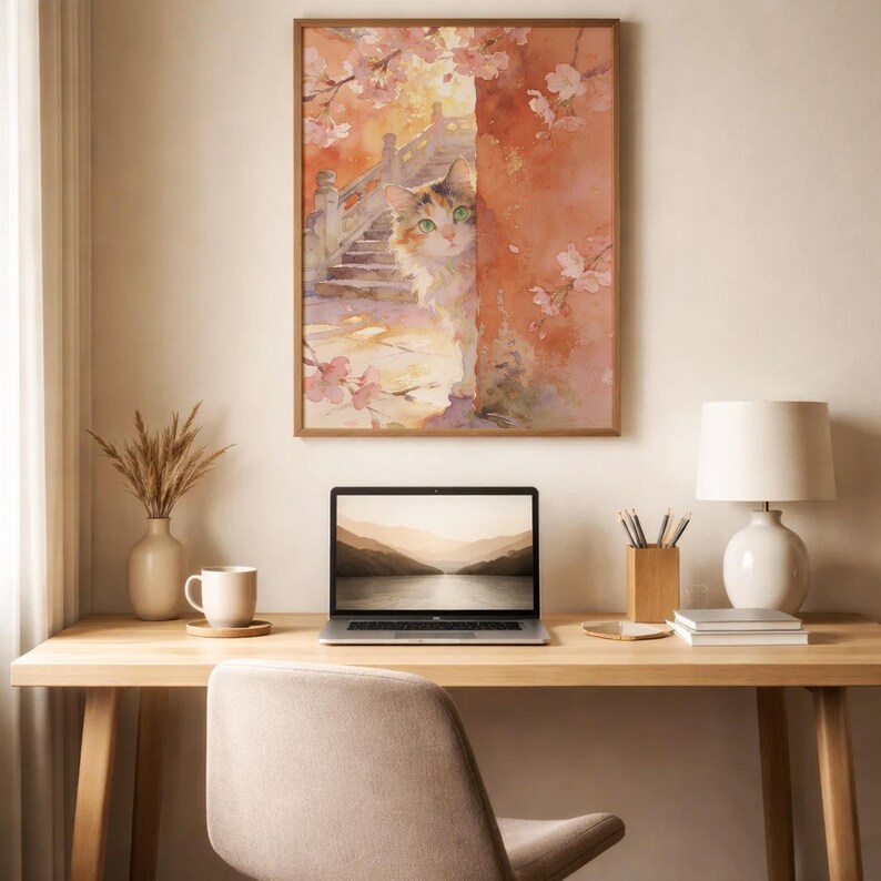 Calico Cat Cherry Blossom Art, Japanese Aesthetic Wall Decor ...