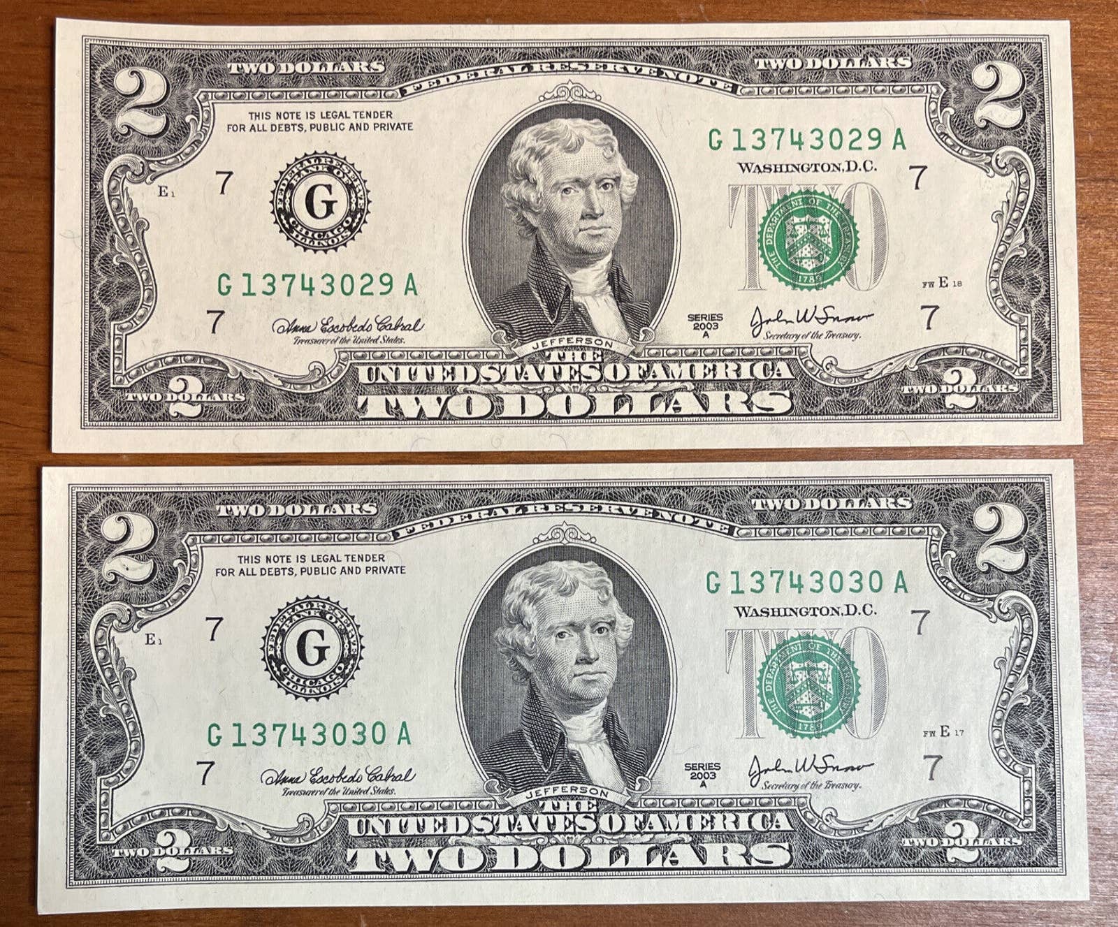 2 Sequential Serial Number 2 Two Dollar Bills, Uncirculated US, 2003 A ...
