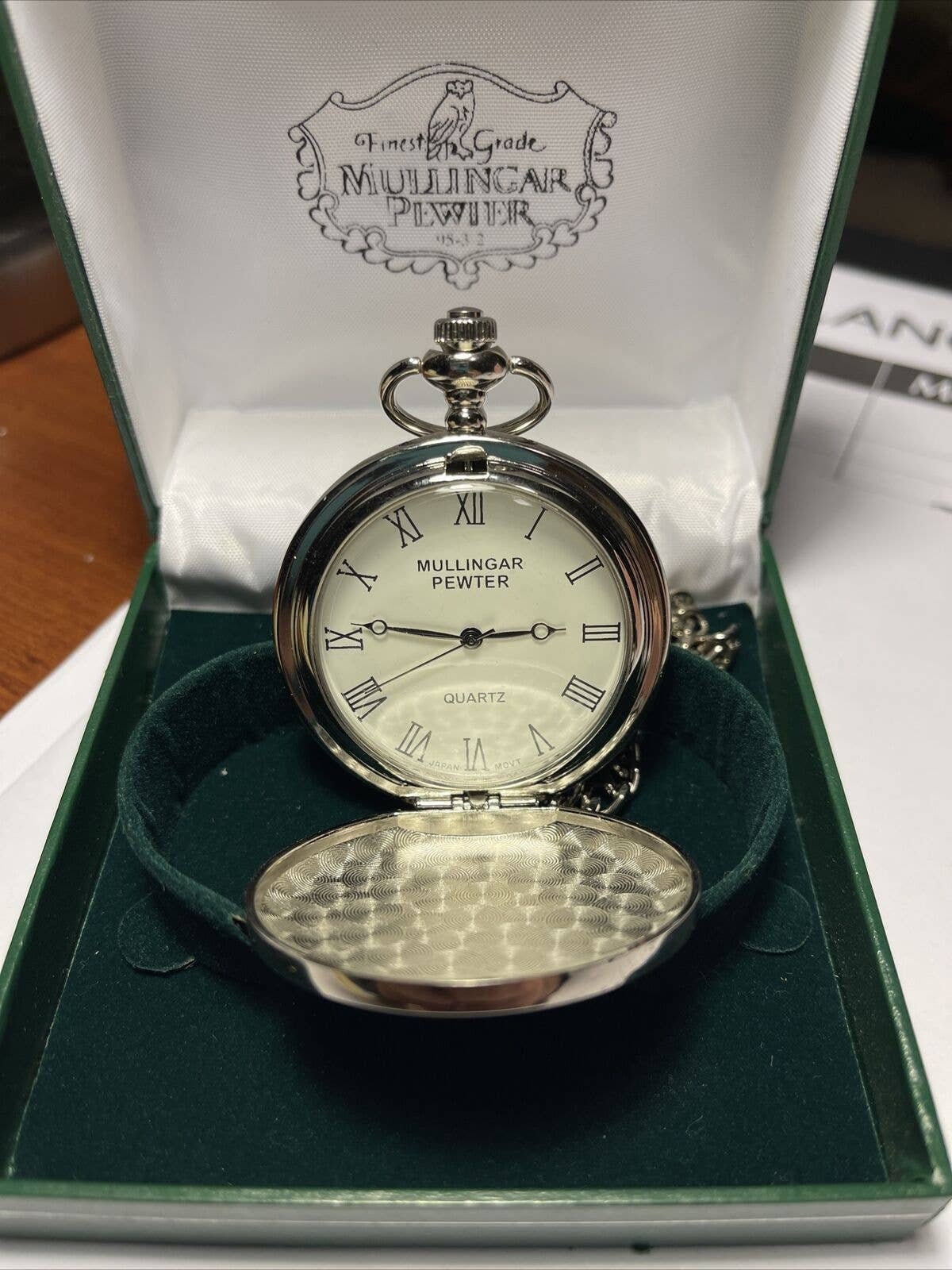 MULLINGAR PEWTER IRELAND Themed Round Quartz Pewter Pocket Watch Japan ...