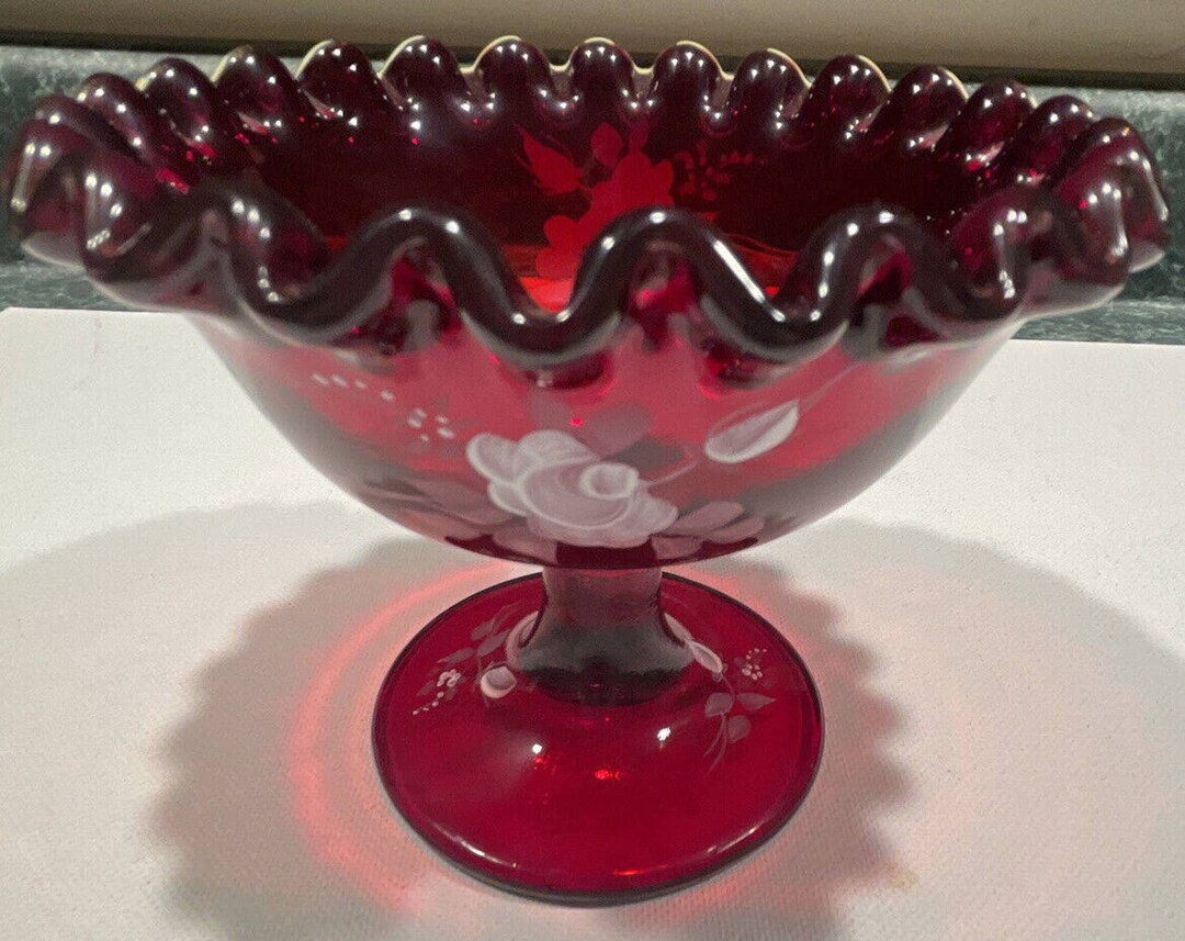 FENTON RUBY COMPOTE Hand Painted Roses on Ruby - Signed Everson ...