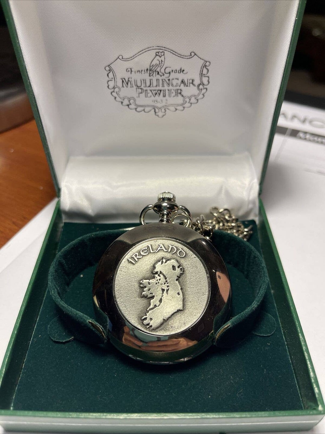 MULLINGAR PEWTER IRELAND Themed Round Quartz Pewter Pocket Watch Japan ...