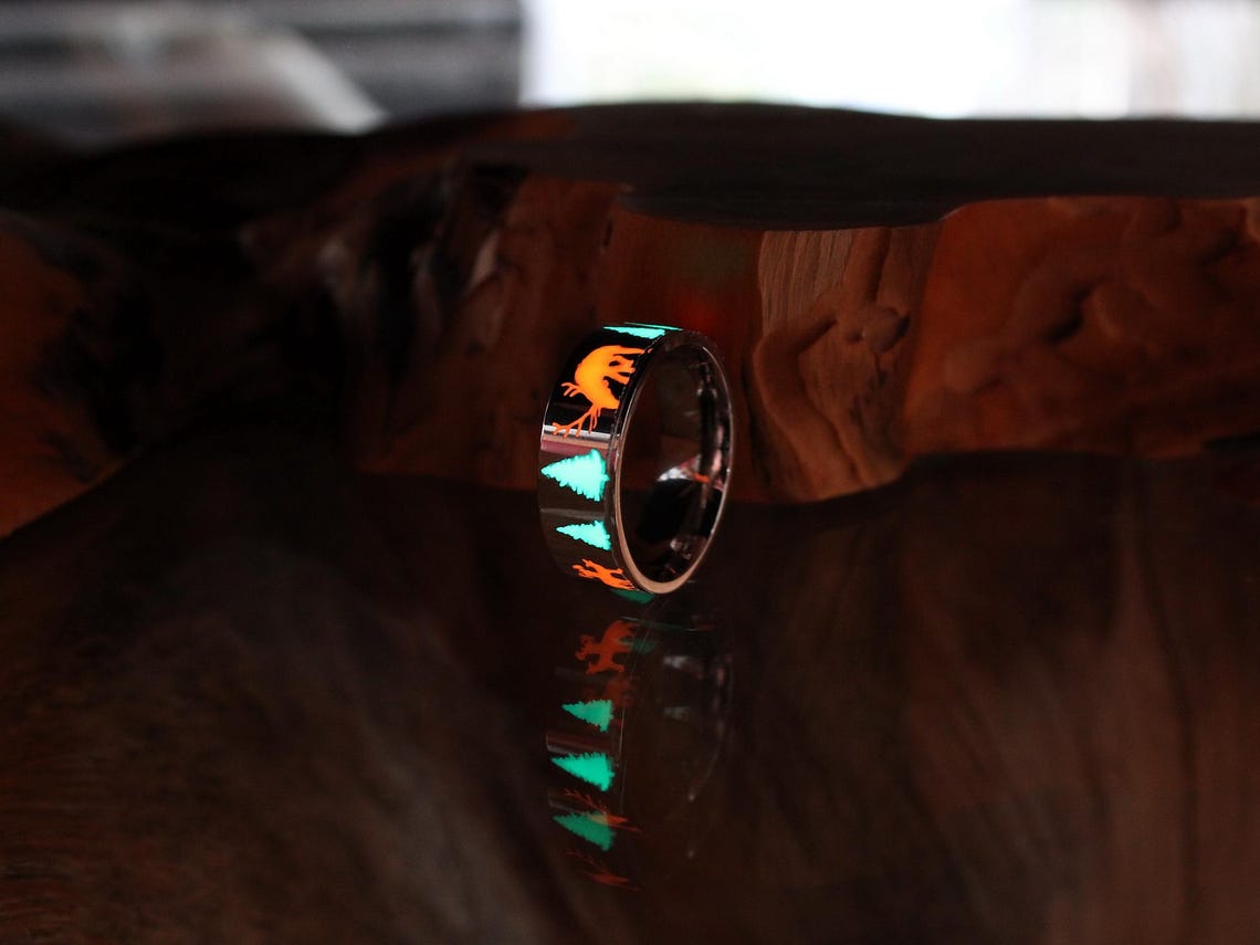 Forest Wildlife Band Ring / Glow in the Dark / Stainless Steel Engraved ...