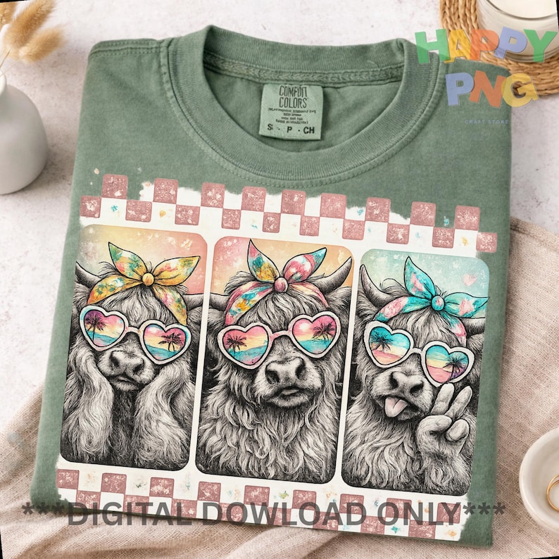 Highland Cow PNG Retro Cowgirl Beach Shirt Design Sublimation Printable ...