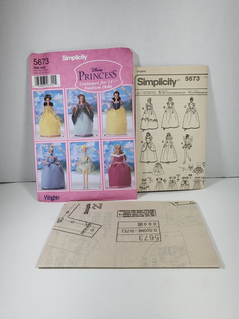 Simplicity 5673 Disney Princess Costumes 11 1/2" Fashion Dolls Uncut - Etsy