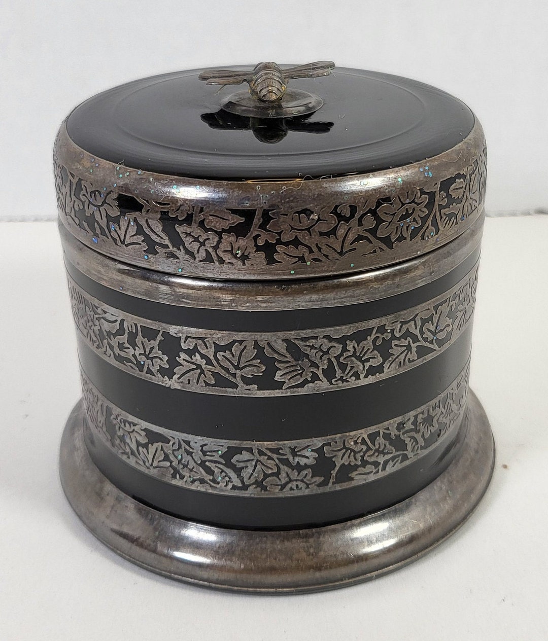 Black Glass Sterling Silver Inlay Jar With Lid Honeybee Knob Art Deco ...