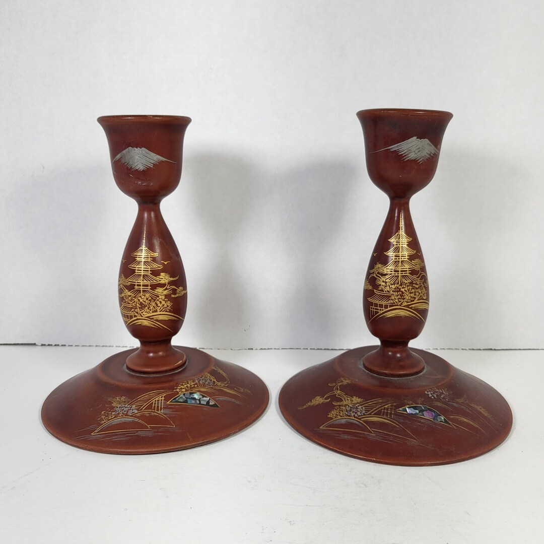 Red Lacquer Ware With Mother of Pearl Accents Candle Holders Japan - Etsy