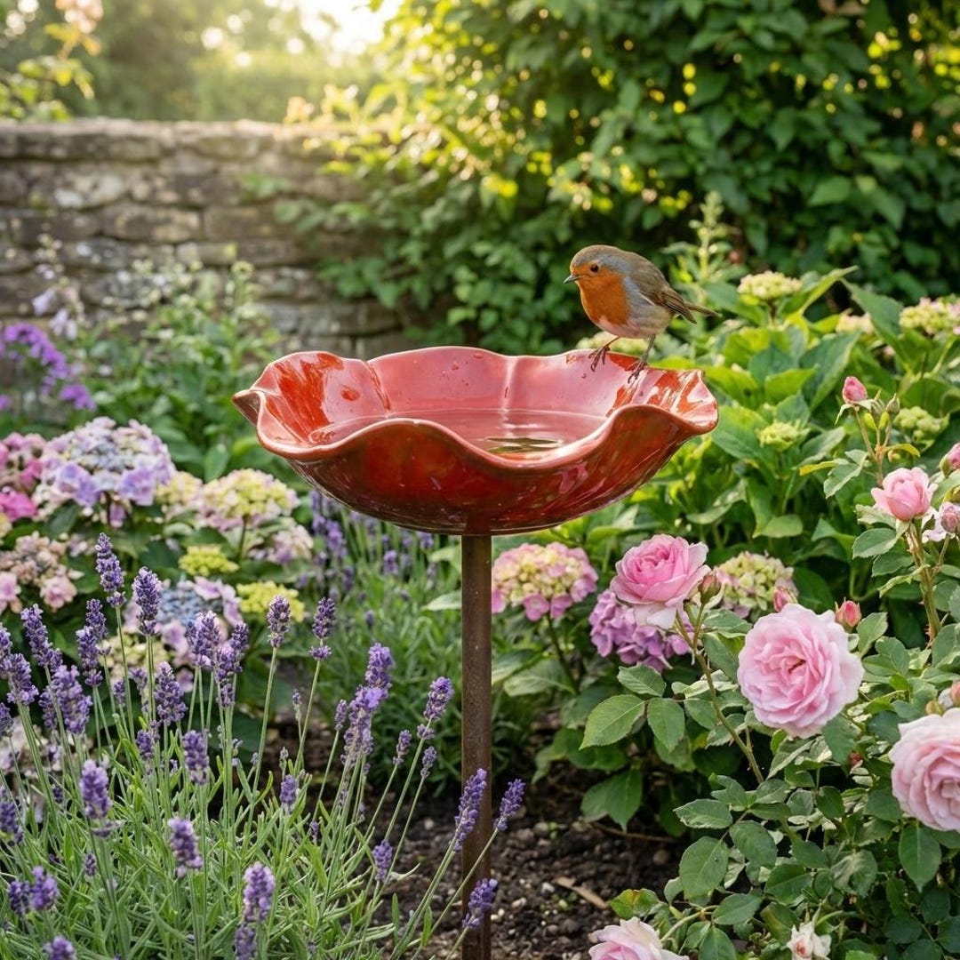 Handcrafted Flower Bird Bath Garden Stake, Metal Outdoor Bird Water ...
