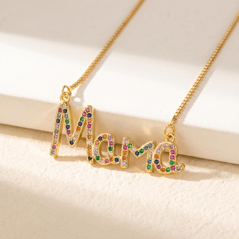 Rainbow CZ Mama Necklace, Gold Crystal Letter Pendant, Box Chain ...