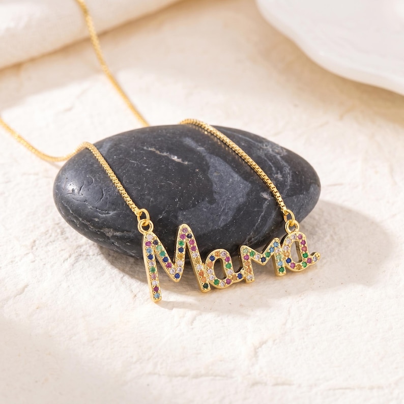 Rainbow CZ Mama Necklace, Gold Crystal Letter Pendant, Box Chain ...