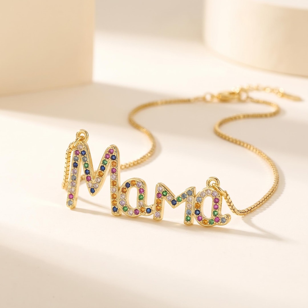 Rainbow CZ Mama Necklace, Gold Crystal Letter Pendant, Box Chain ...