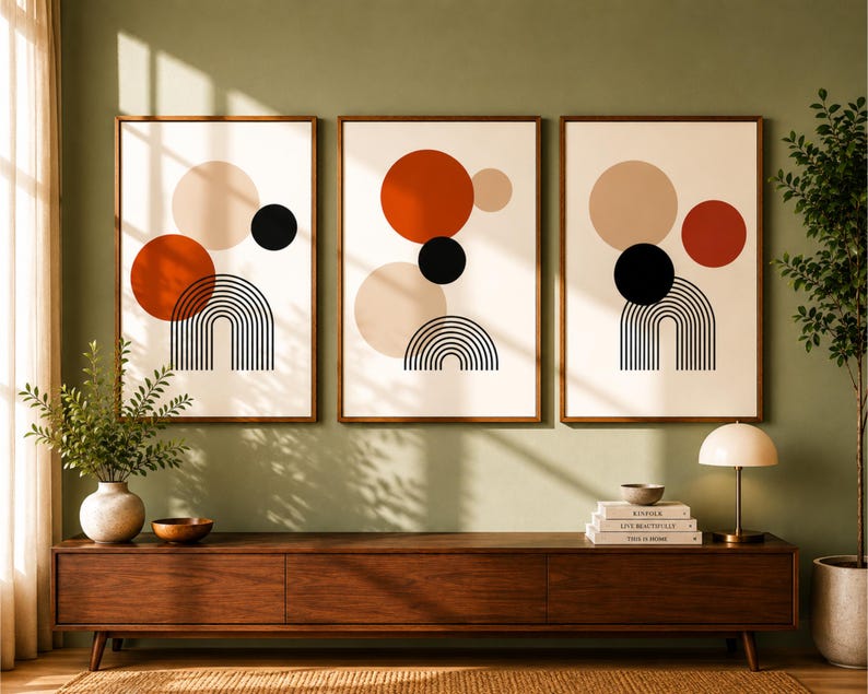 Set of 3 Mid Century Modern Prints, Neutral Boho Wall Art, Beige ...