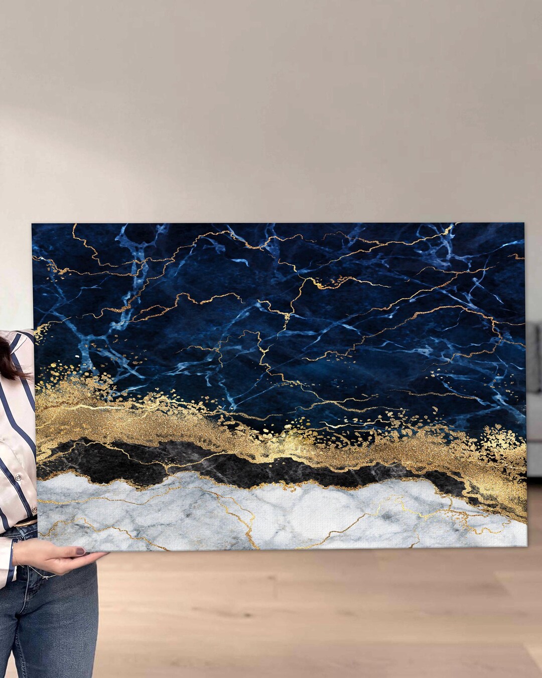 Navy Blue Marble Canvas, Abstract Marble Wall Decor, Modern Luxury Home ...