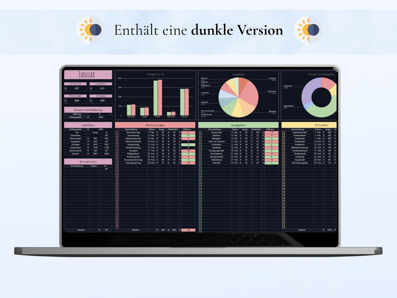 Haushaltsbuch Excel Google Sheets Deutsch | Dark Mode Budgetplaner ...