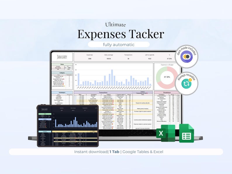 Expense Tracker Excel Google Sheets | Dark Mode Monthly Spending ...