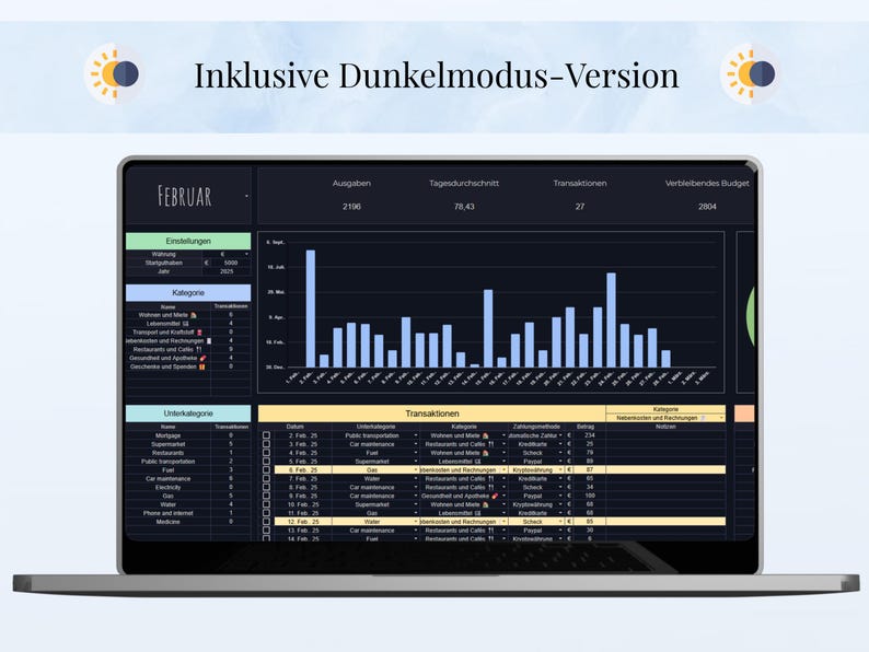 Haushaltsbuch Excel Google Sheets Deutsch | Finanzplaner Dark Mode ...