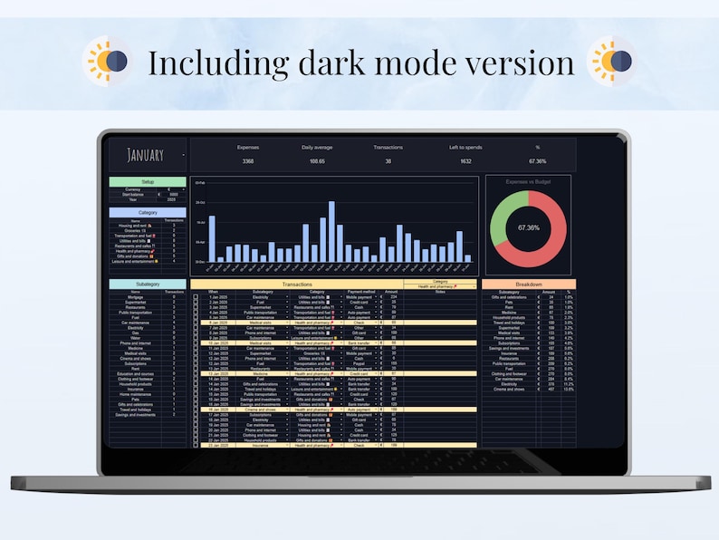 Expense Tracker Excel Google Sheets | Dark Mode Monthly Spending ...