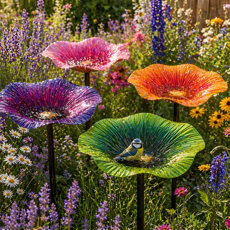 Flower Bird Bath Garden Stake: Colorful Outdoor Decor, Bird Water ...