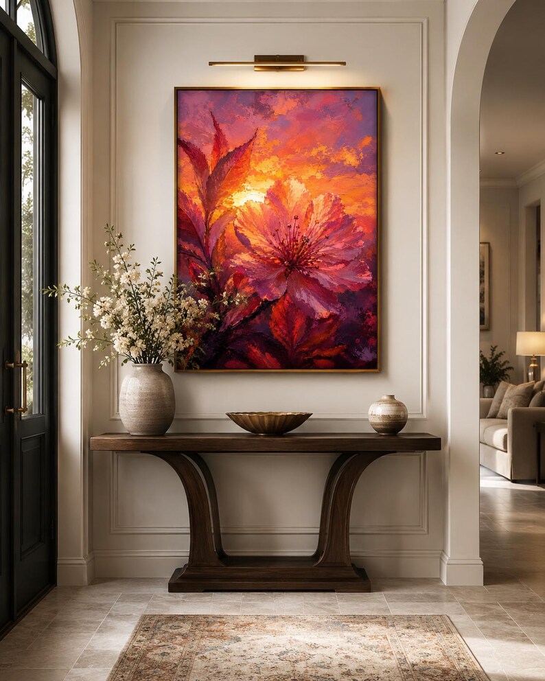 Golden Sunset Flower Art, Pink Floral Abstract Botanical Print Digital ...