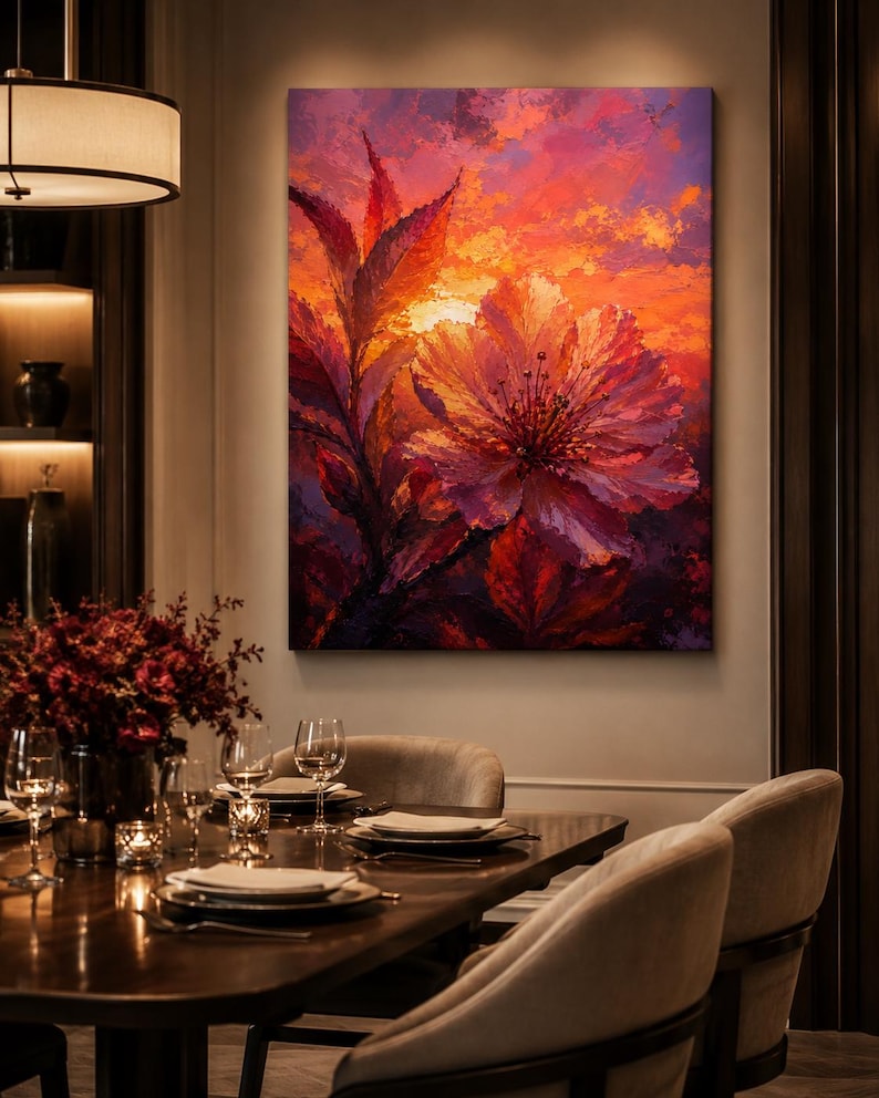 Golden Sunset Flower Art, Pink Floral Abstract Botanical Print Digital ...