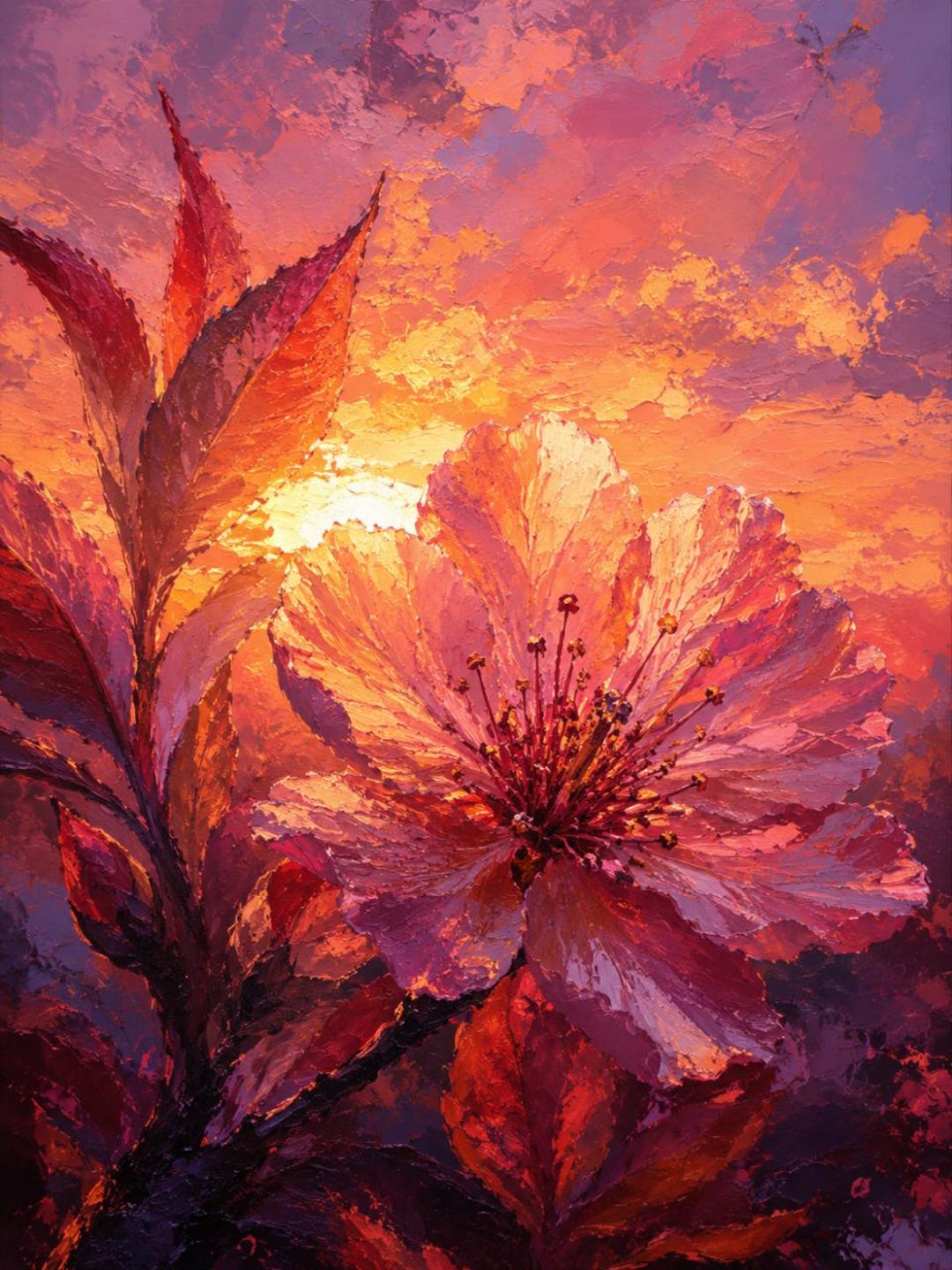 Golden Sunset Flower Art, Pink Floral Abstract Botanical Print Digital ...