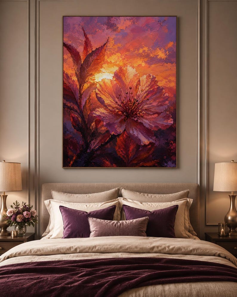 Golden Sunset Flower Art, Pink Floral Abstract Botanical Print Digital ...