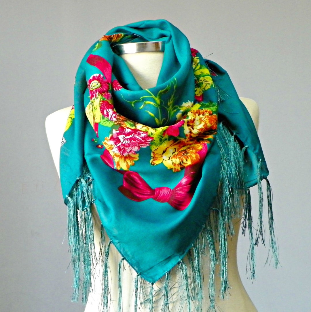 Scarf, Russian Shawl Scarf, Square Scarf, Flower Spring Cozy , Fringed ...