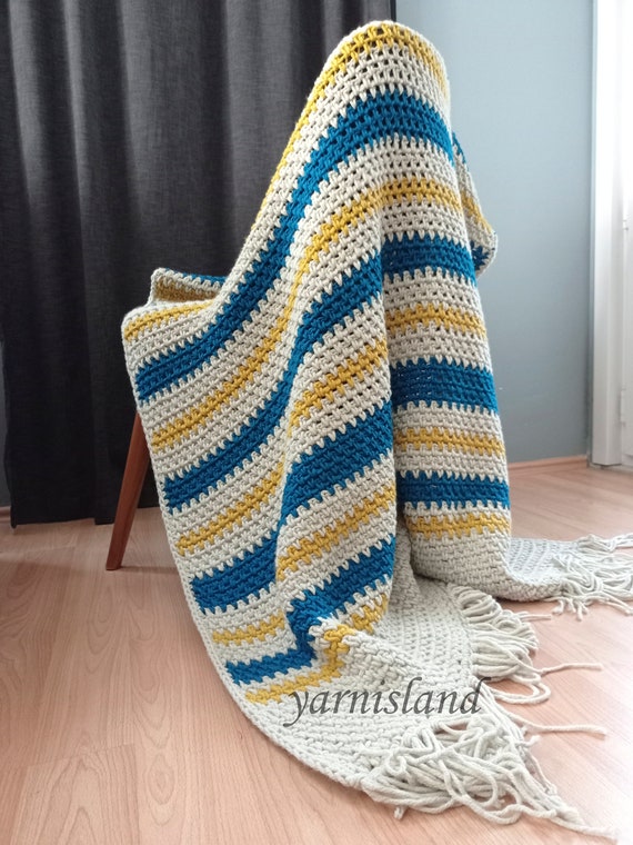 Sale Throw Blanket Crochet Blanket Blue-yellow and Ecru | Etsy