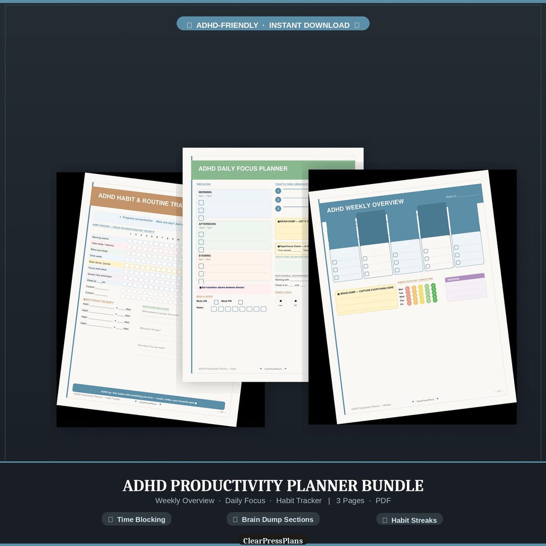 ADHD Planner Bundle Printable | Daily Focus, Weekly, Habit Tracker (PDF ...
