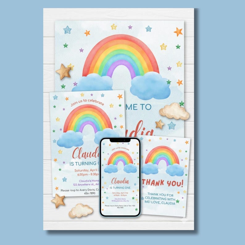 Editable Pastel Rainbow Birthday Invitation Bundle, Watercolor Party ...