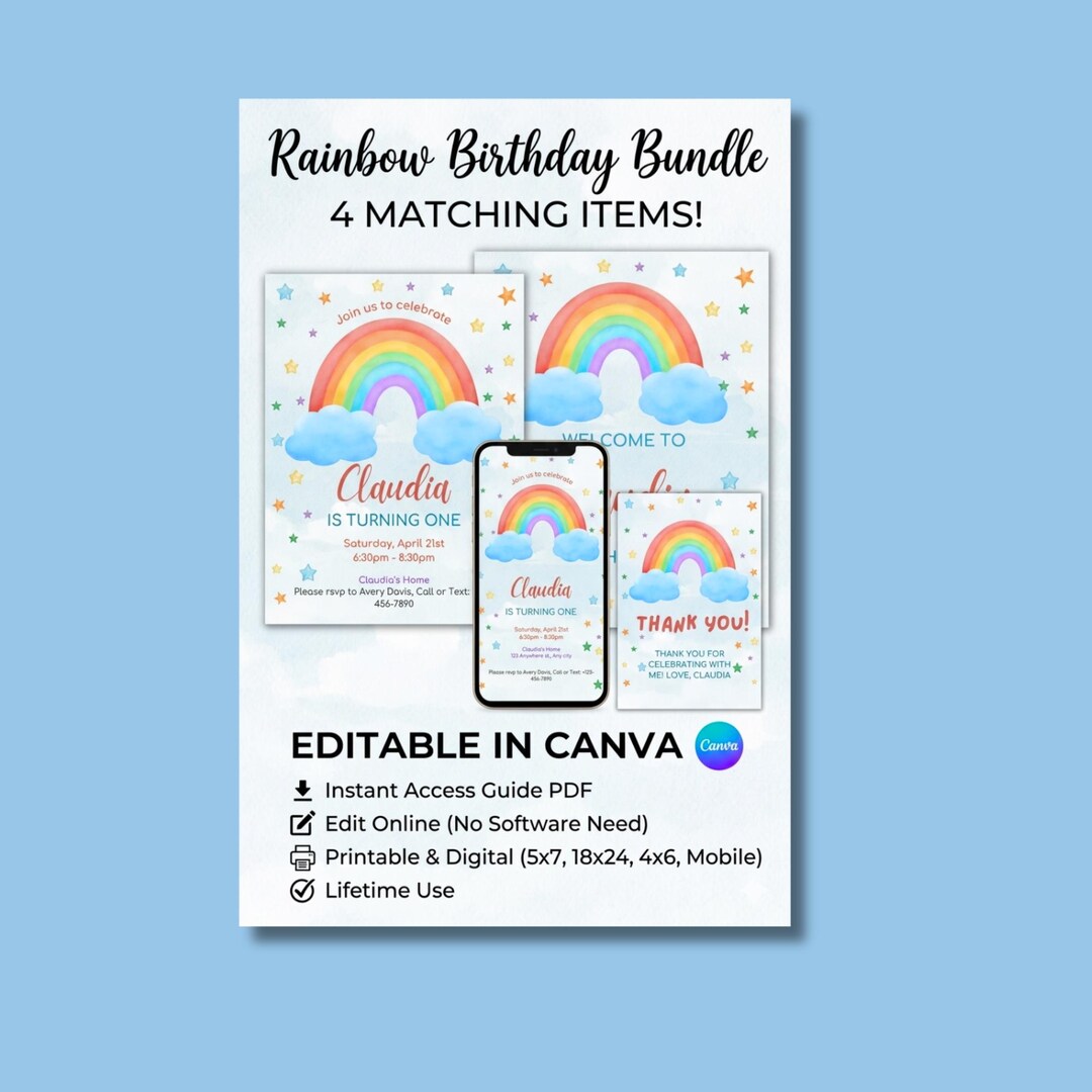 Editable Pastel Rainbow Birthday Invitation Bundle, Watercolor Party ...