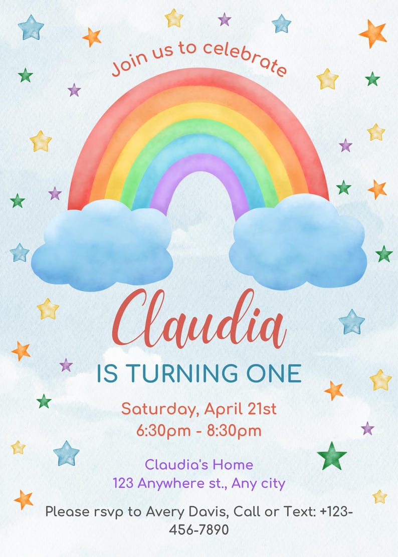 Editable Pastel Rainbow Birthday Invitation Bundle, Watercolor Party ...