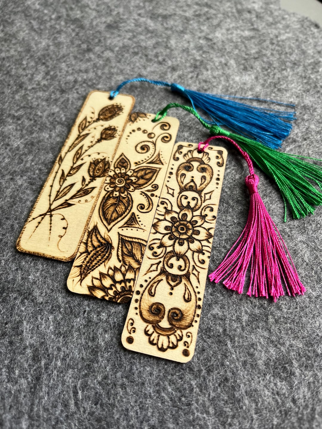 Wood Burned Bookmarks Set With Tassels Floral Pyrography Gift for Book ...