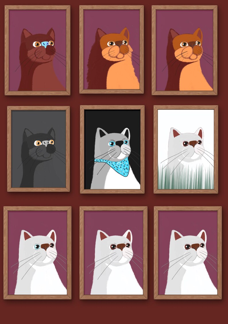 Whimsical Cat Portrait Print, Expressive Face Wall Art (digital ...