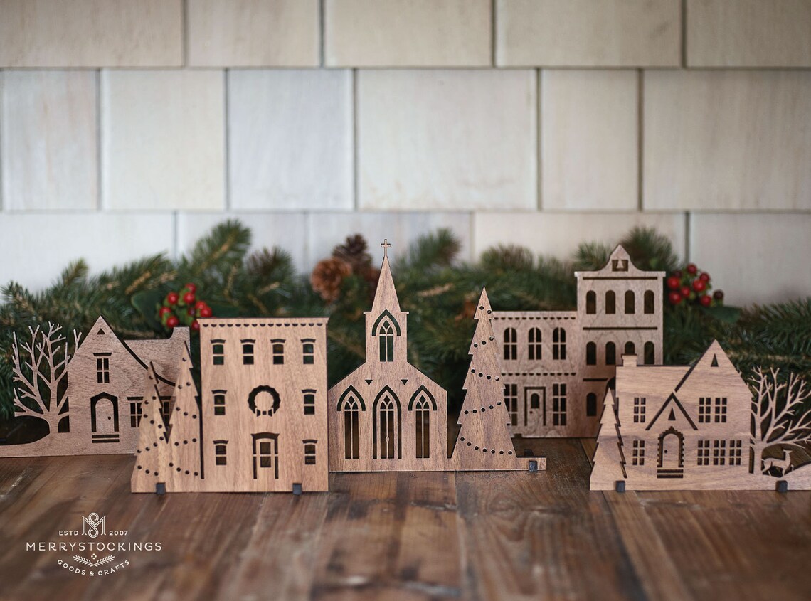 Wood Christmas Village Original Holiday Edition | Walnut Version - Etsy